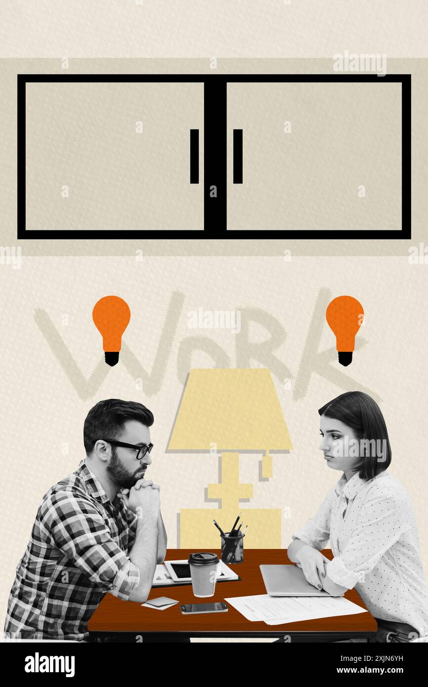 Vertical photo collage of serious business partners girl guy sit table ...