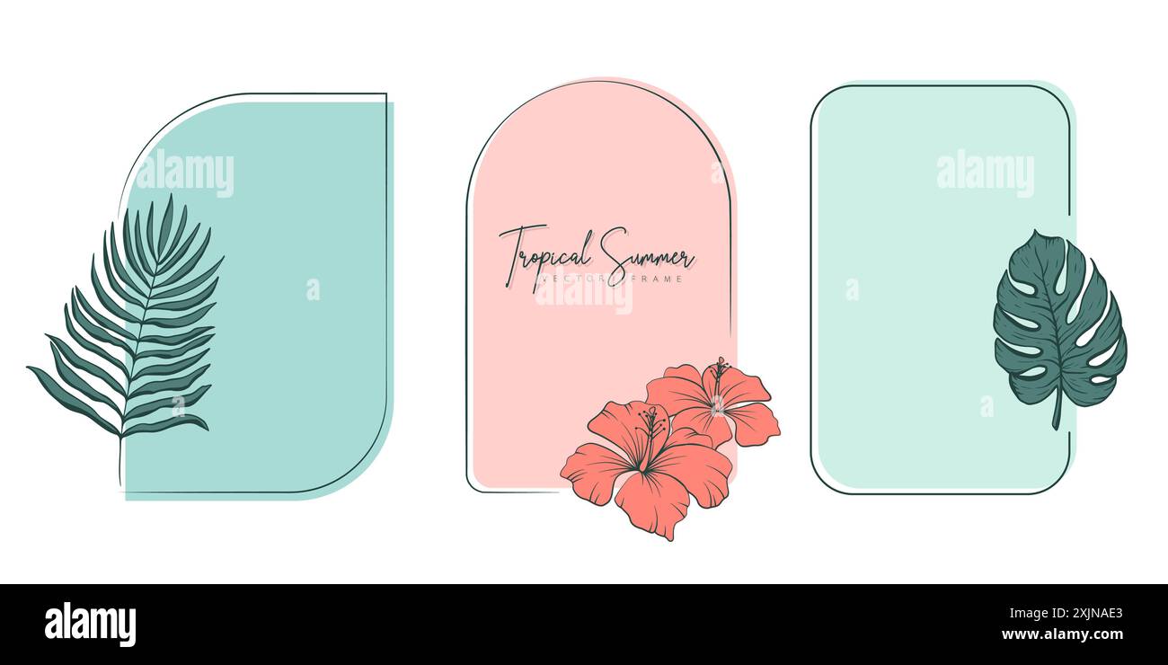 Set of hand drawn line art frames with tropical summer elements Stock ...