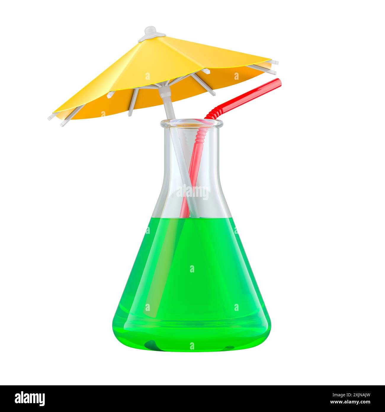 Cocktail with umbrella and straw in Glass Conical Flask, 3D rendering ...
