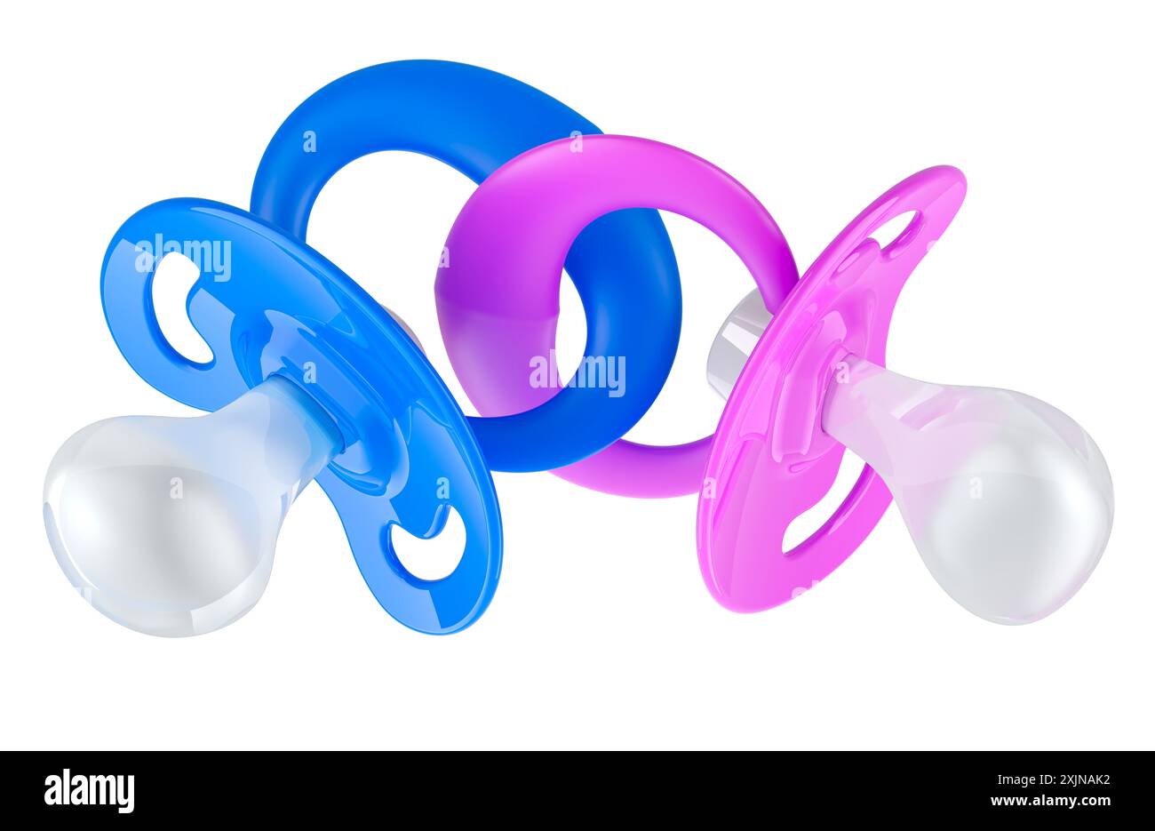 Blue and pink baby pacifiers, 3D rendering isolated on white background ...