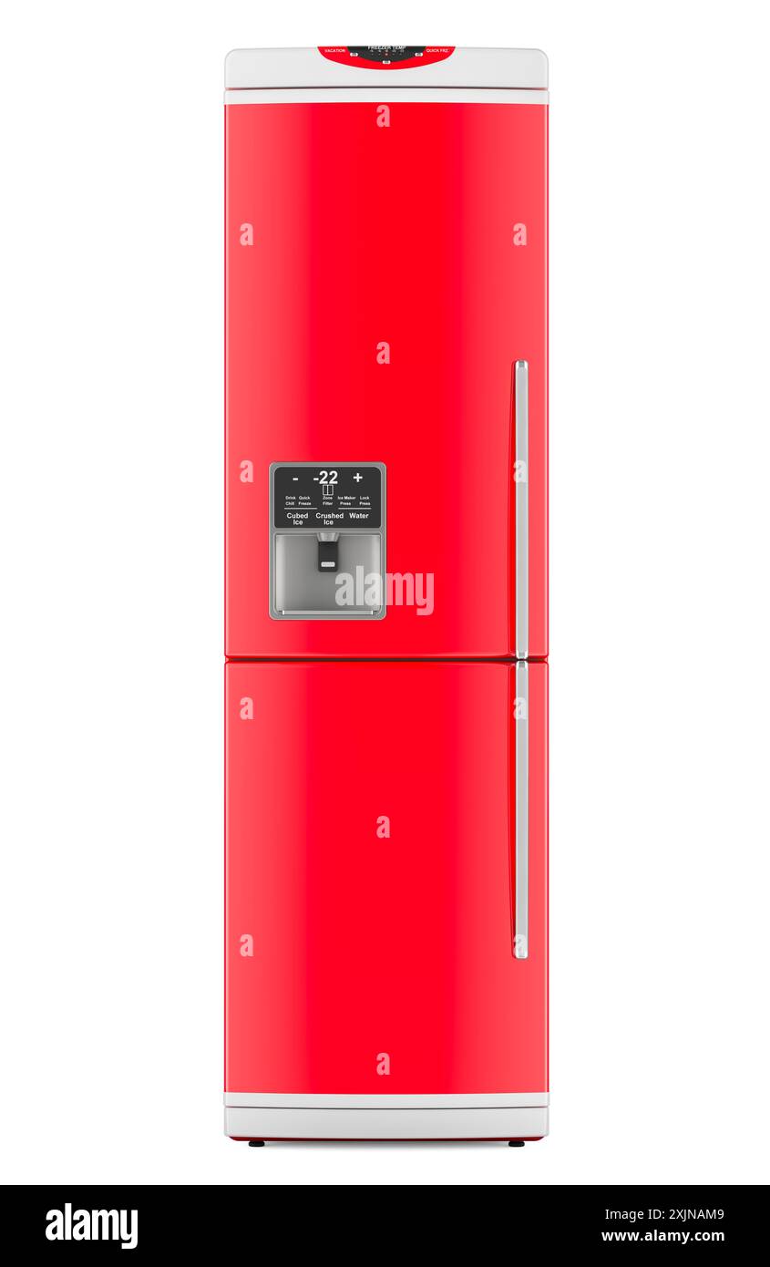 Red Refrigerator. Fridge, front view. 3D rendering isolated on white ...