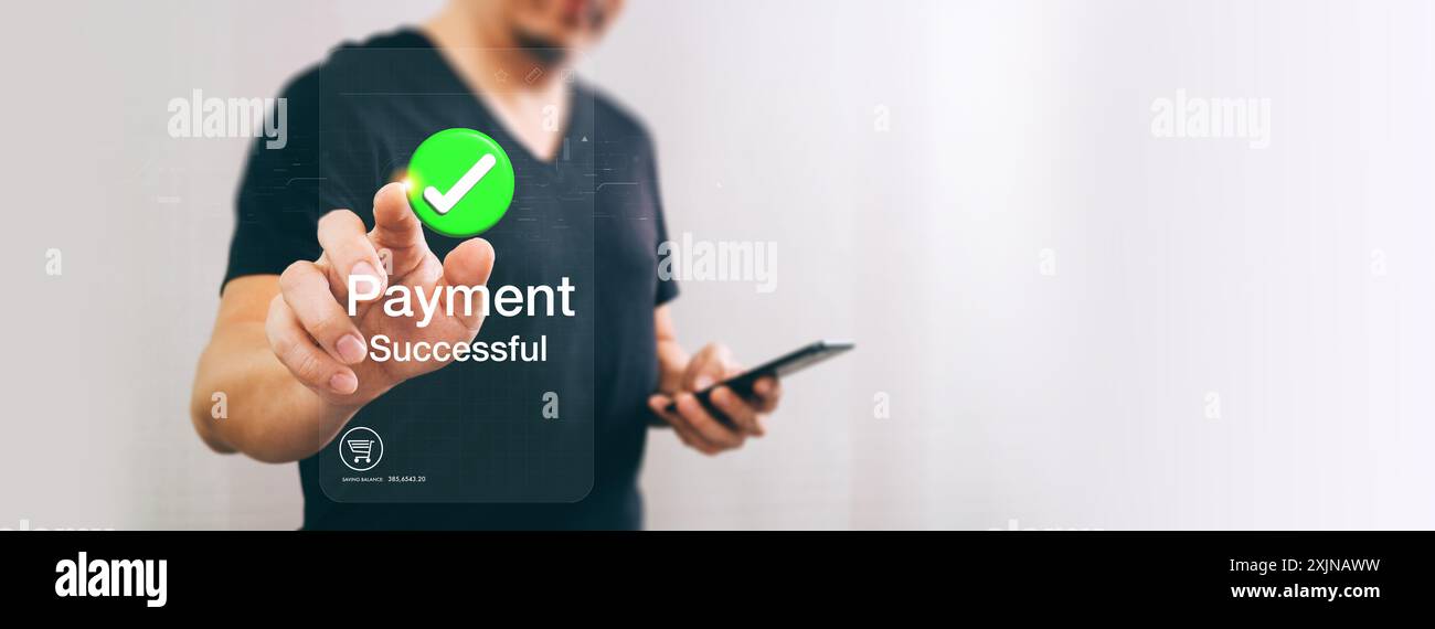 A person completes a successful mobile payment, with a green checkmark ...
