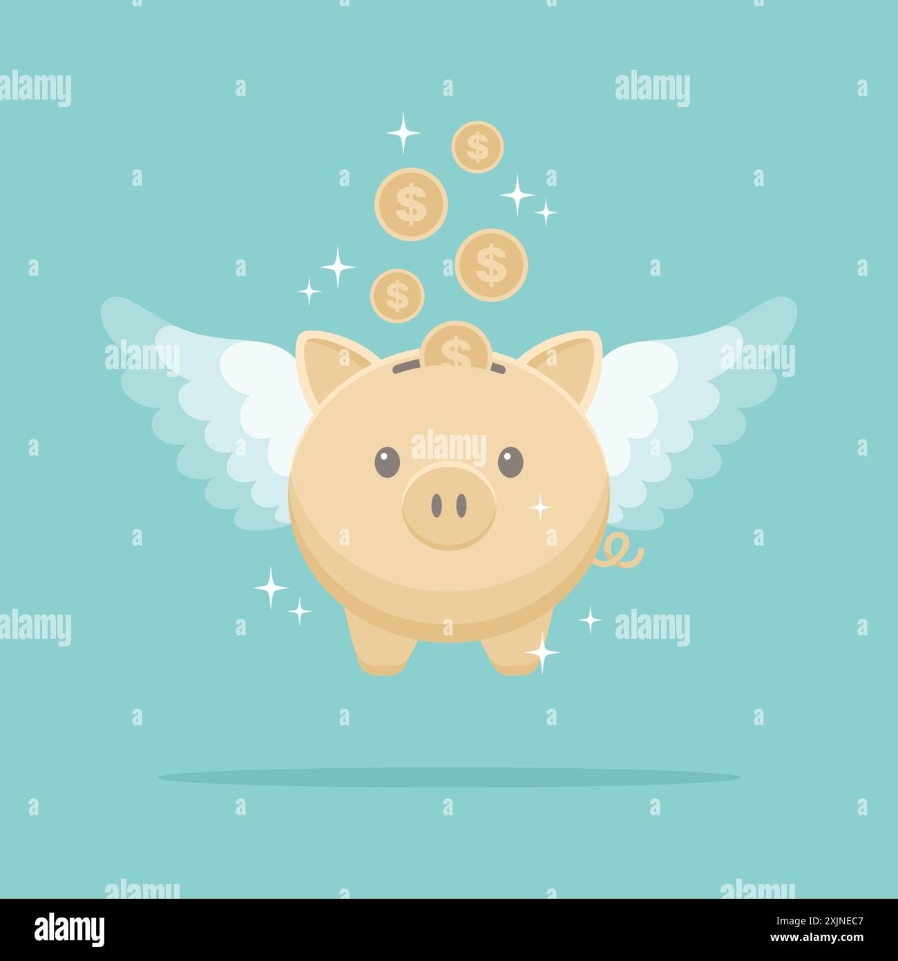 Gold coins pouring into a flying golden piggy bank with wings. Flat ...