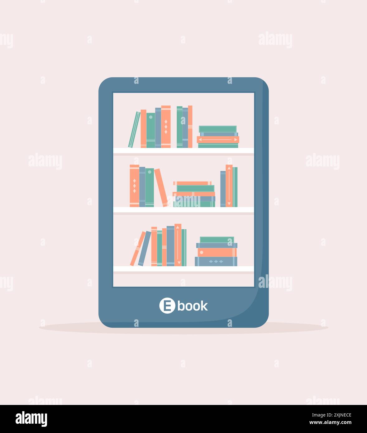 E-book reader with bookshelves on the screen. Flat vector illustration ...
