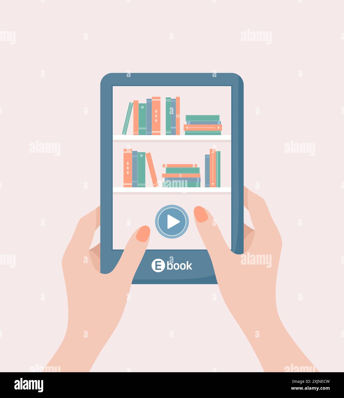 Female hands holding e-book reader with bookshelves and start button on ...