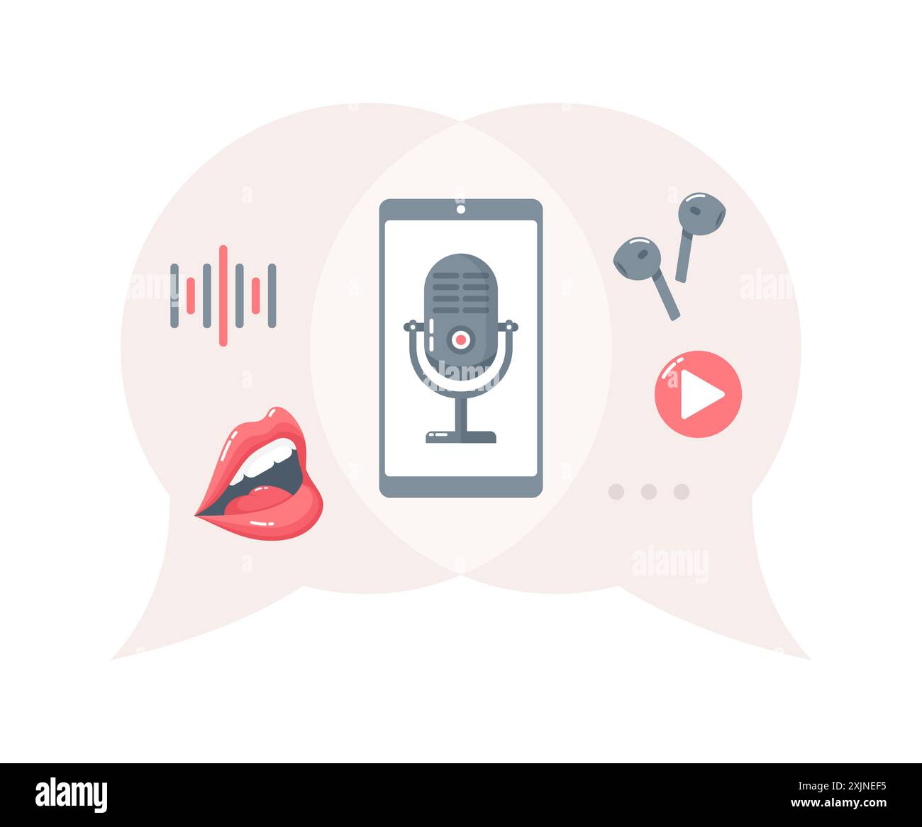 Microphone on smaptphone screen with open mouth, wireless earphones and ...