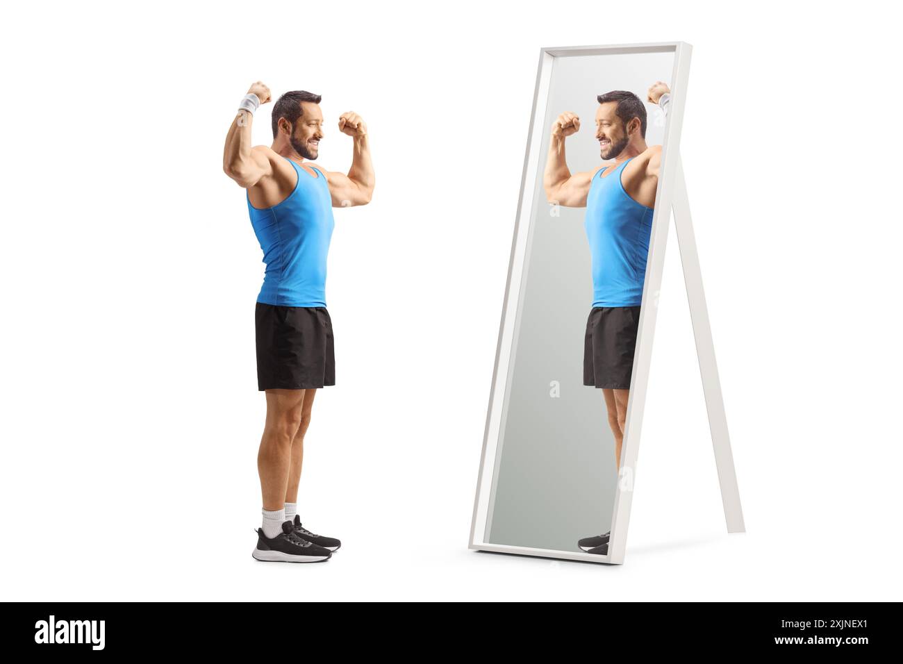 Fit man in sportswear looking at his muscles in a mirror isolated on ...