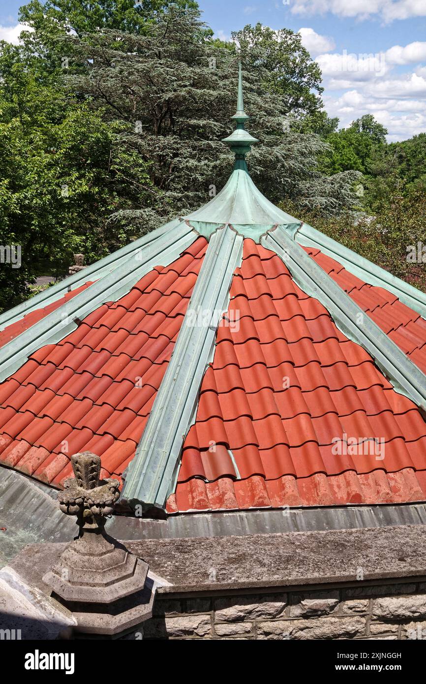 roof close-up, tile, terra cotta color, copper, triangular portions ...