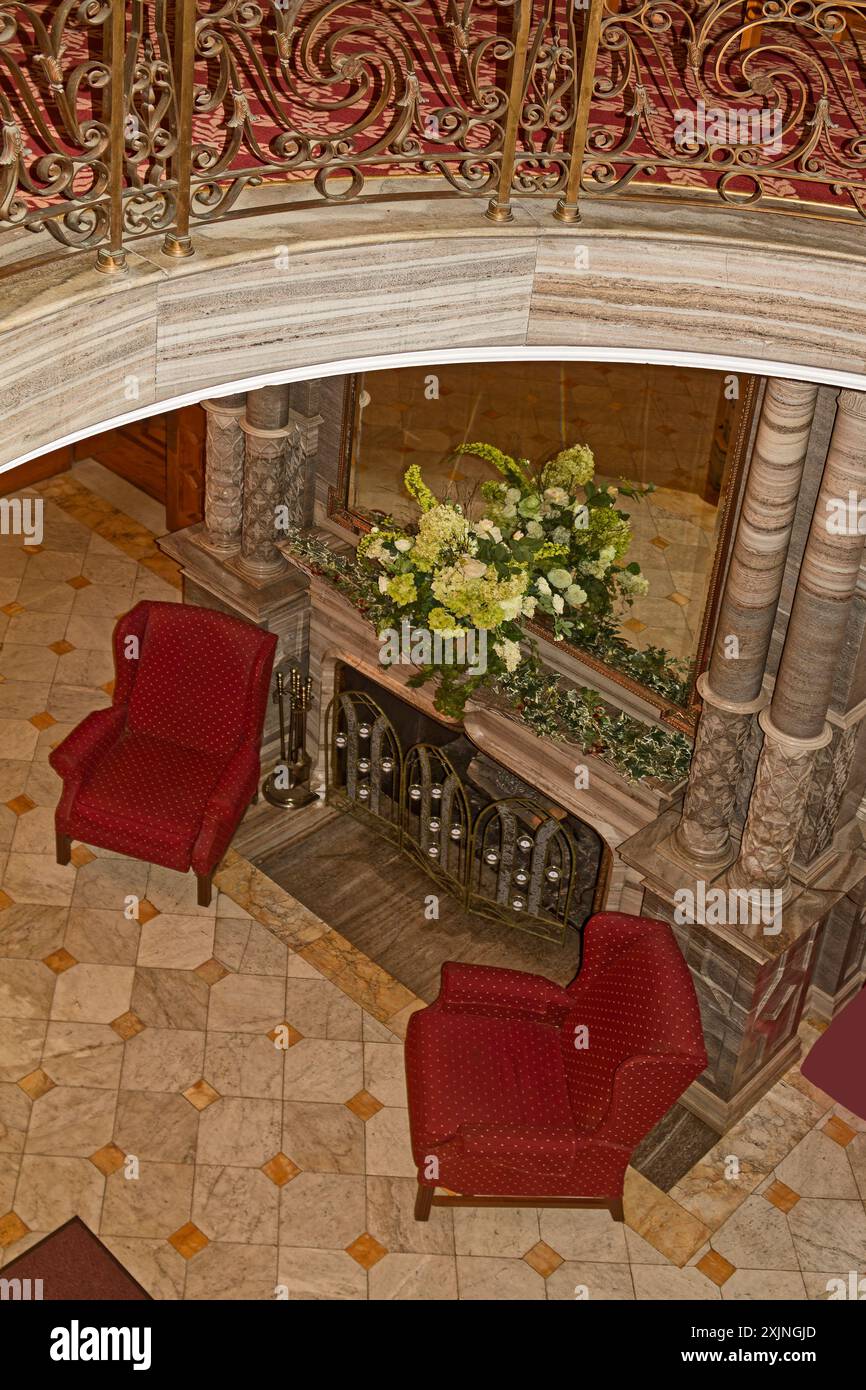 fireplace scene, view from above, 2 wing chairs, ornate mantle, stone ...