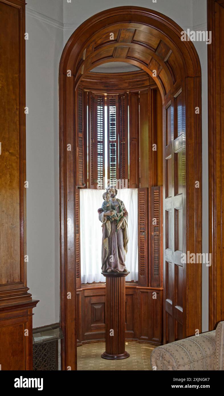 statue, St. Joseph holding Baby Jesus, wood pedestal, in round wood ...