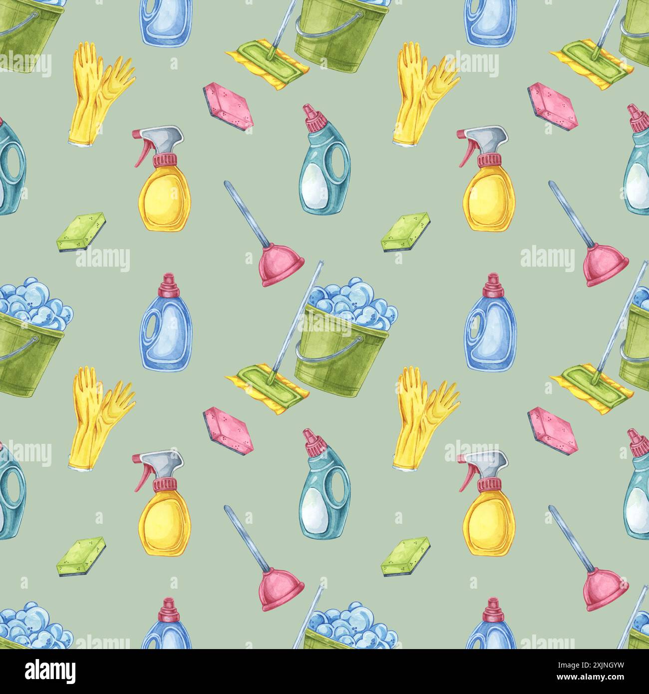 Housekeeping tools seamless pattern with cleaning items like buckets ...