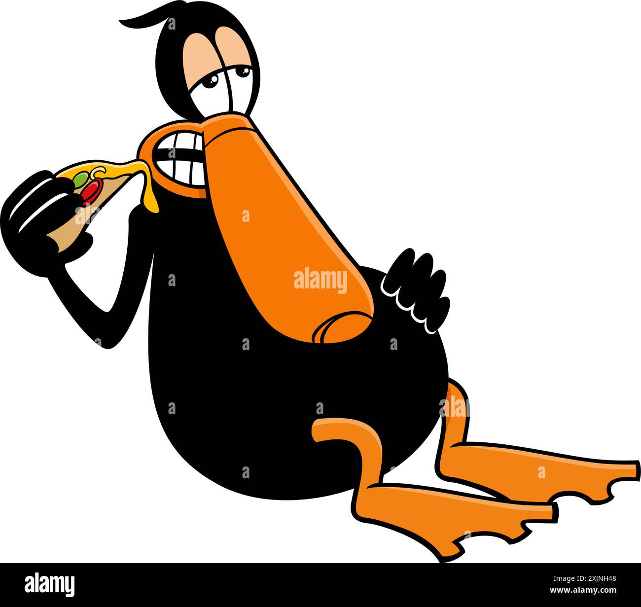 Cartoon illustration of black duck animal character eating pizza Stock ...