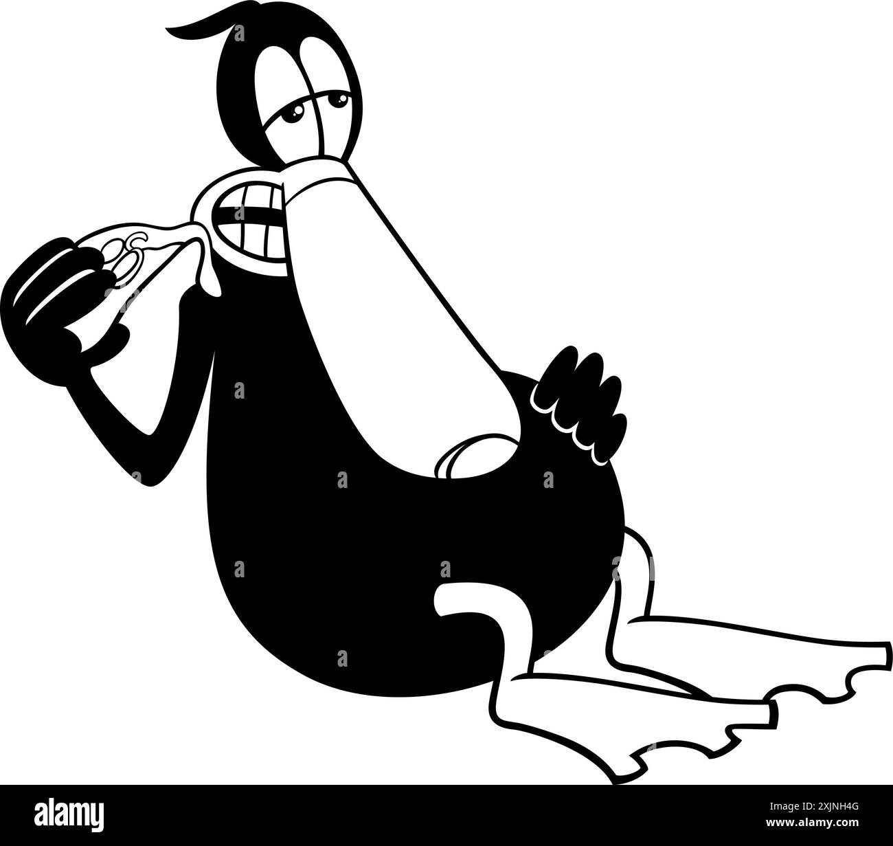 Cartoon illustration of black duck animal character eating pizza ...