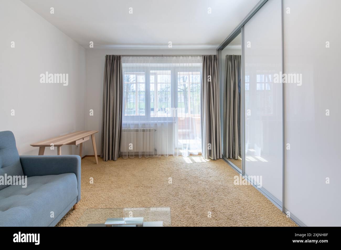 Minimalism Children, Young Adult Living Room Interior. Couch and Table. Windows and Curtains ...