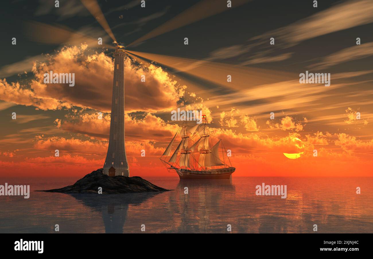 Lighthouse & Sailing Ship Stock Photo - Alamy
