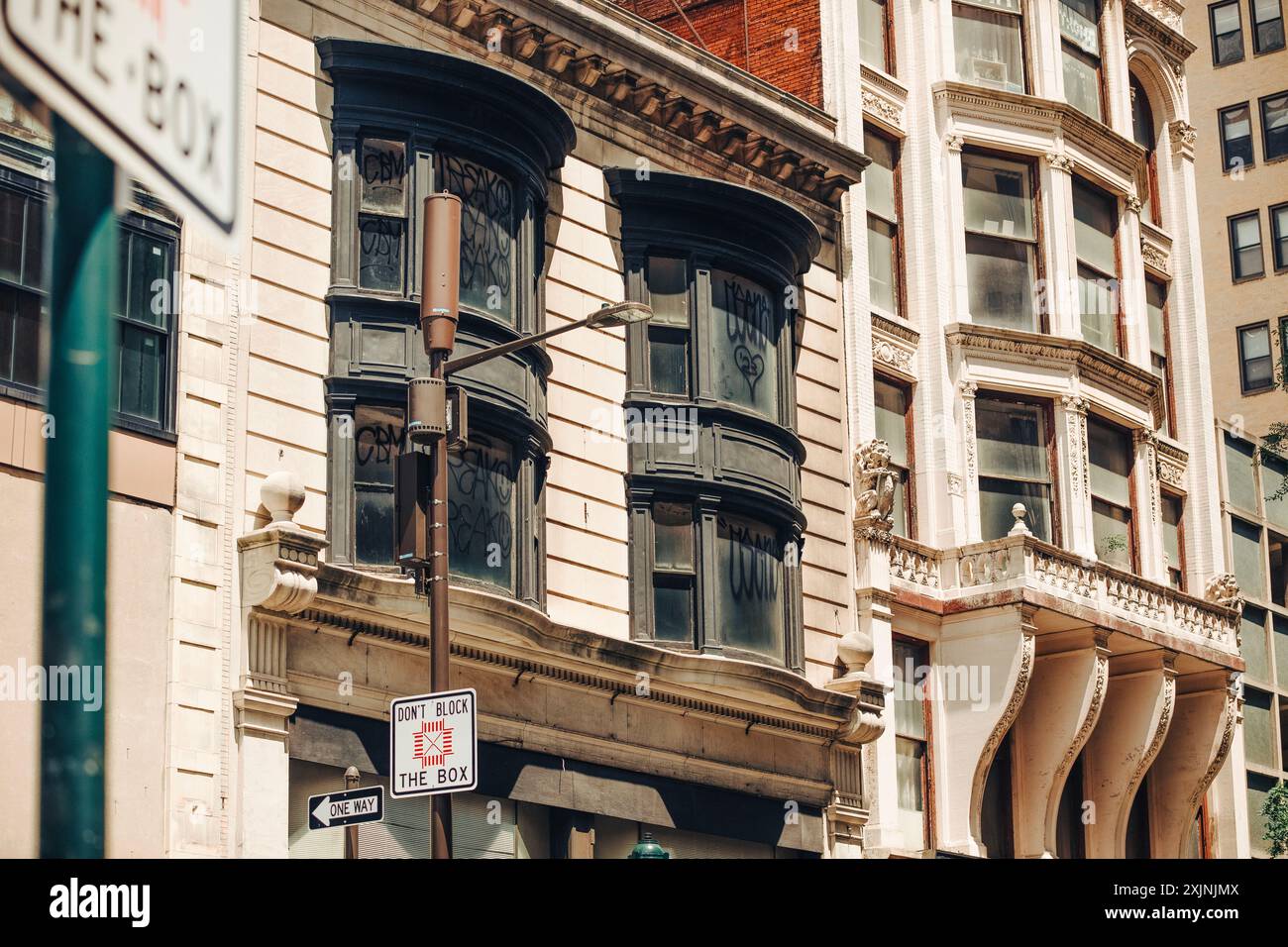 Architectural details are seen on the facade of a historic building ...