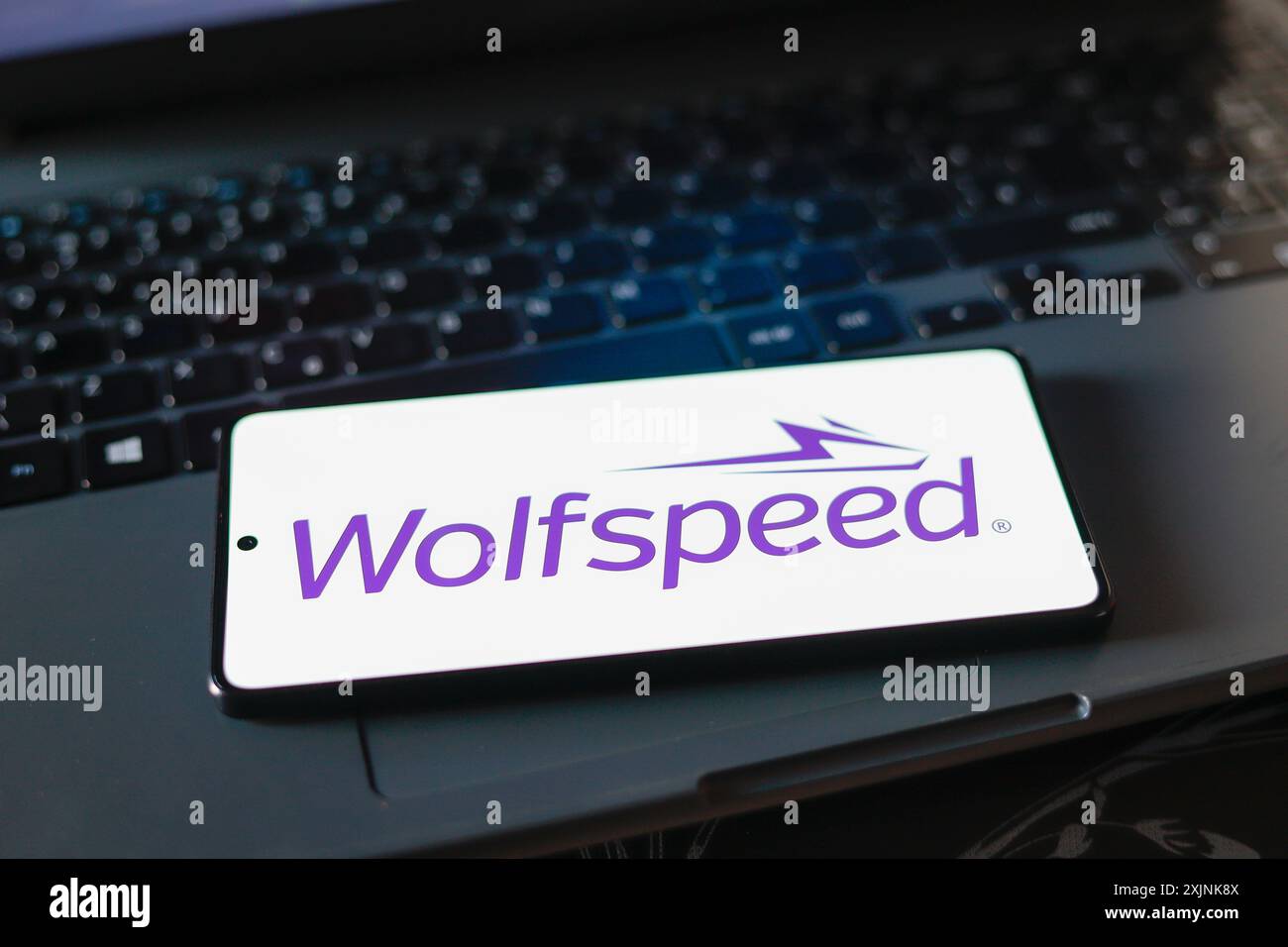 In this photo illustration, the Wolfspeed, Inc. logo is displayed on a smartphone screen Stock ...