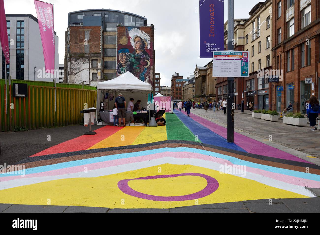 Glasgow - July 19th 2024: Rainbow colours painted on the street for ...