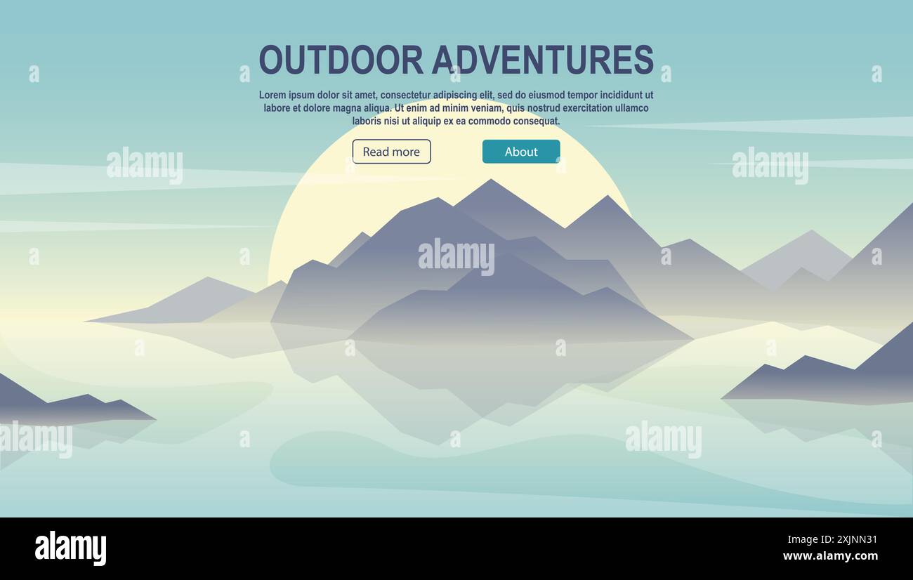 Morning landscape with lake or river, mountains travel template ...