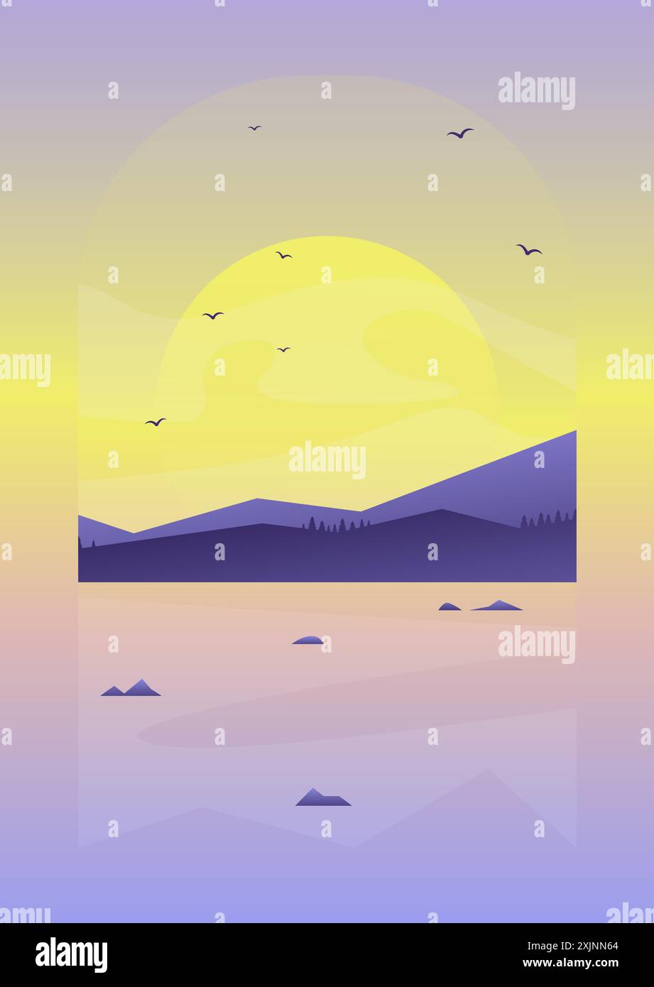 Morning landscape view with spring sea vector illustration. Massive ...