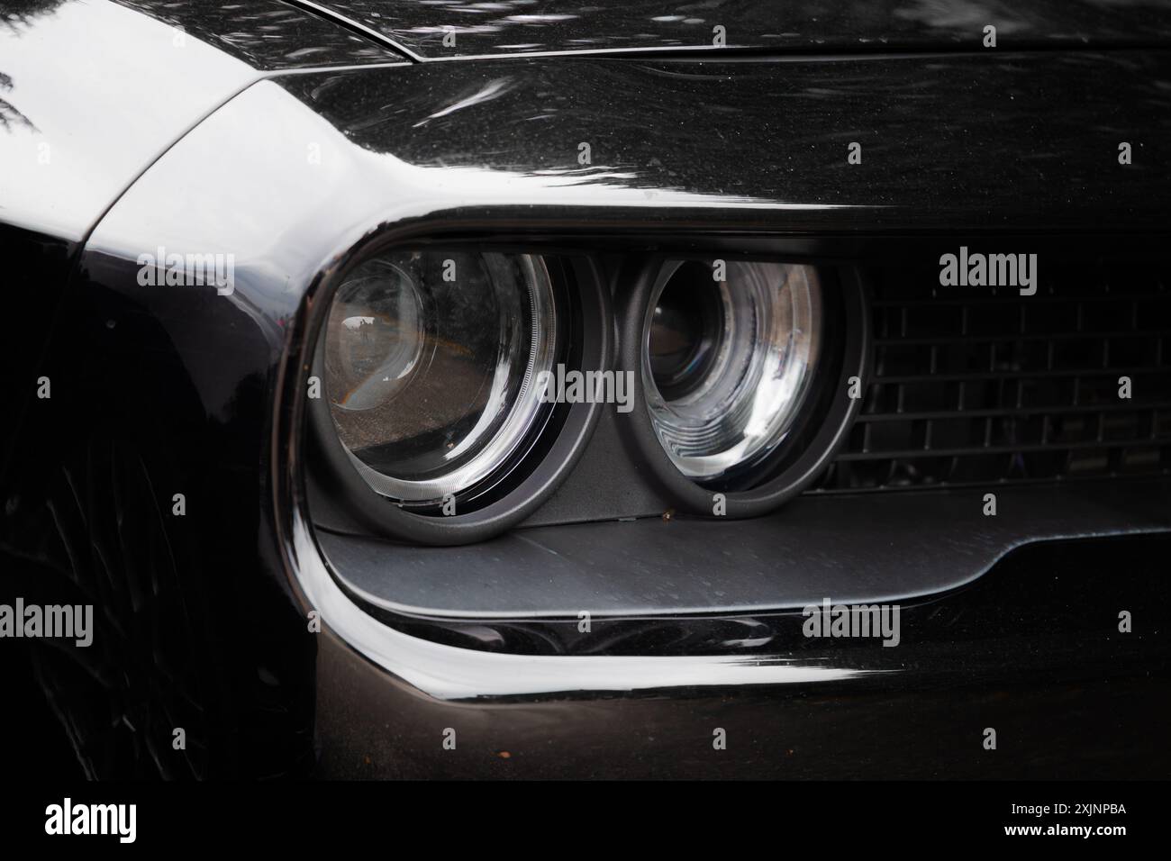 The striking front headlights of the Dodge Challenger, with their bold ...