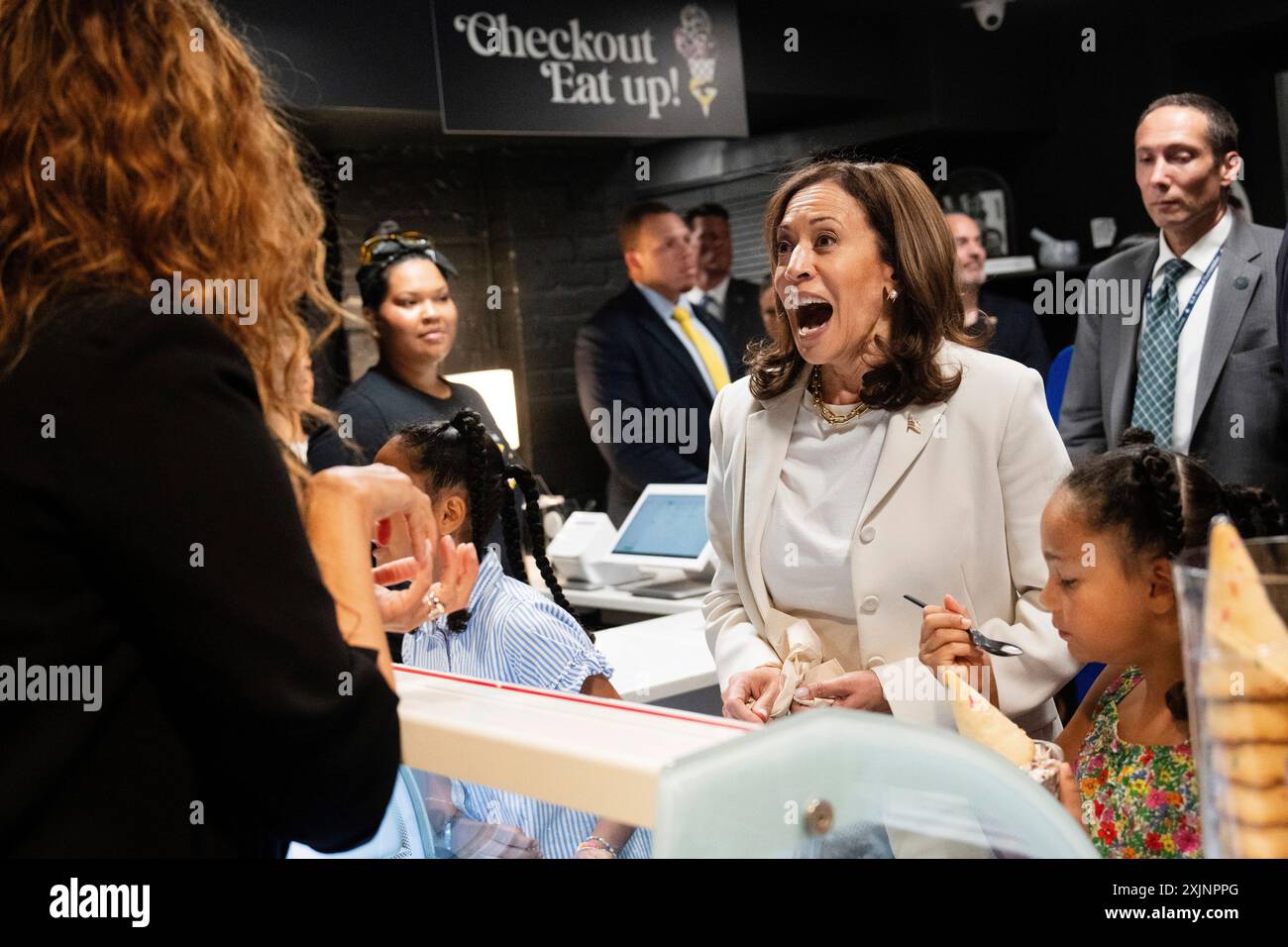 Vice President Kamala Harris, attends the opening of a pop-up ice cream ...