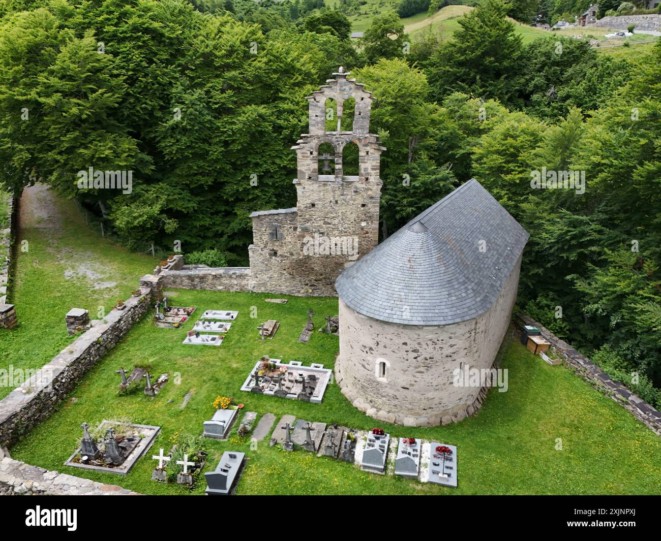 Aerial view of the Templar chapel at Aragnouet in the Pyrenees, France ...