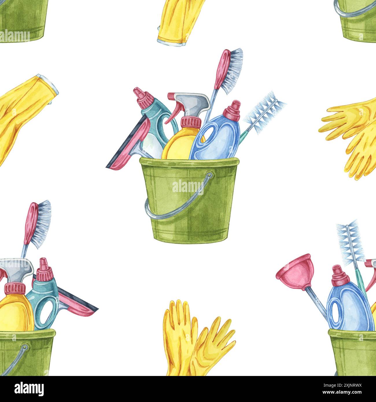 Cleaning tools seamless pattern of green buckets filled with cleaning ...