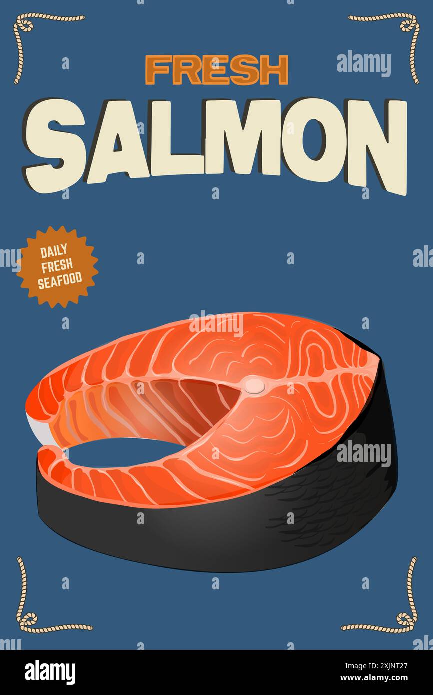 Fresh salmon. Salmon steak illustration in retro style on grunge ...