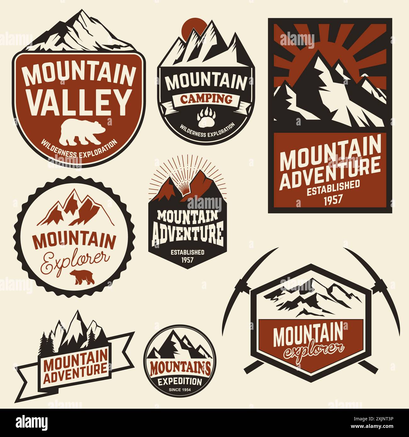 Hiking, mountains exploration labels and emblems. Vector illustration ...