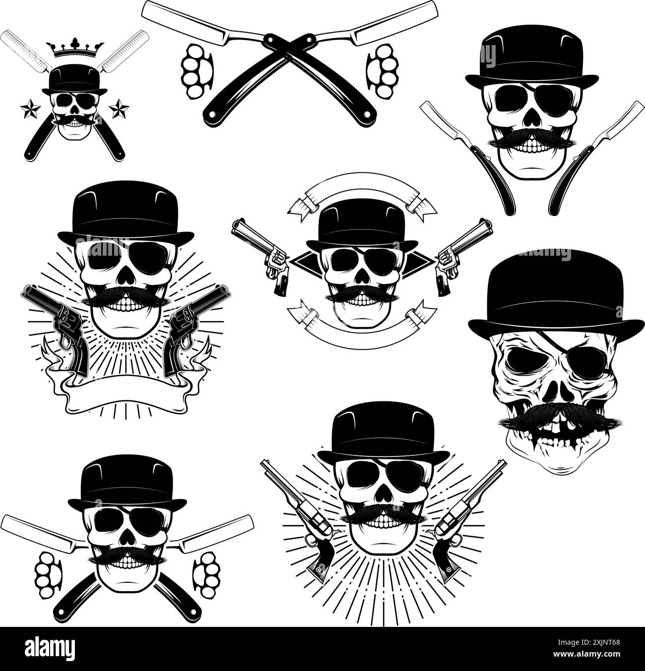 Set of gangsta skulls isolated on white background. Design element for ...