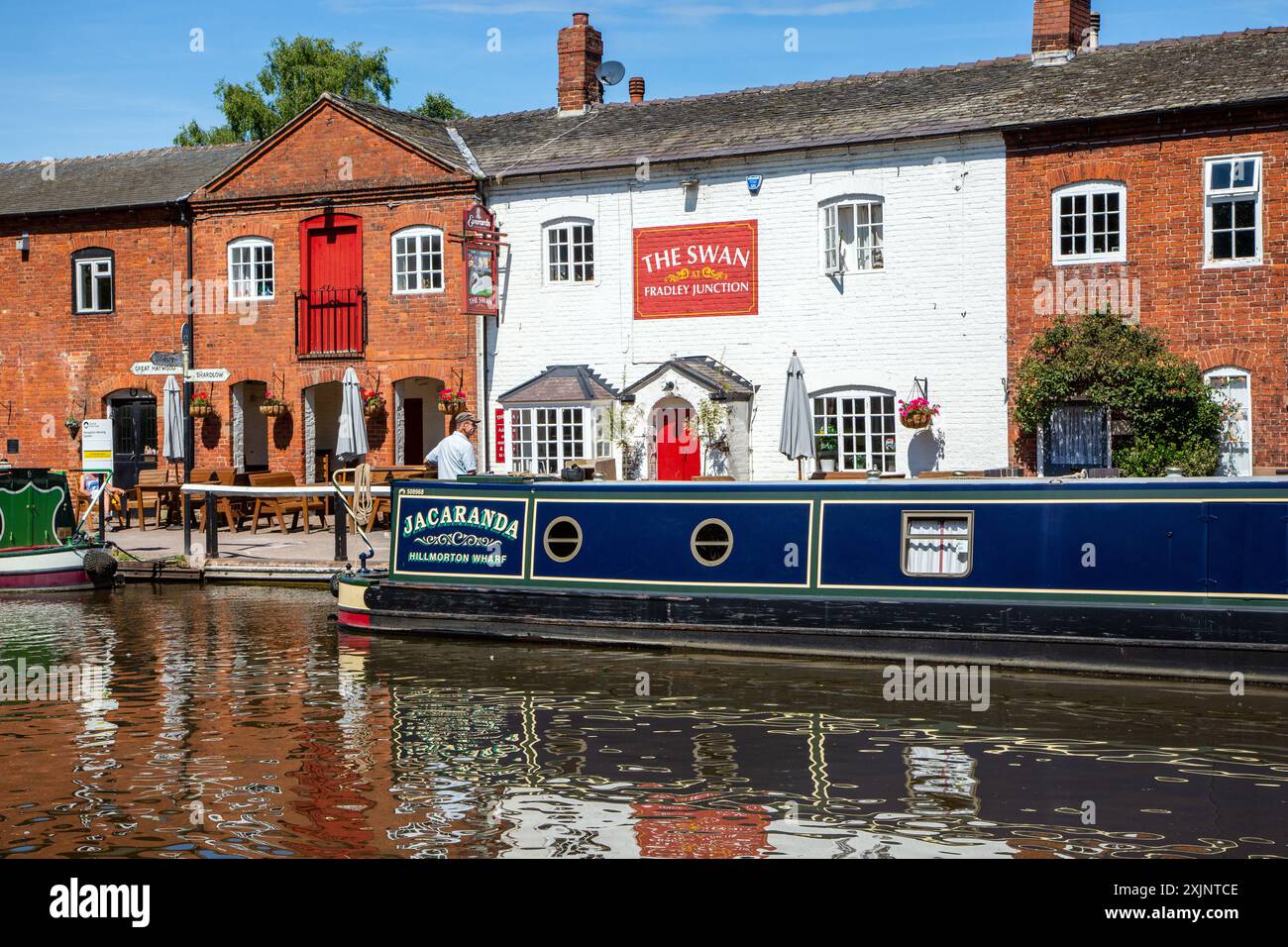 Canal narrowboat moored outside the Swan inn public house on the Trent ...