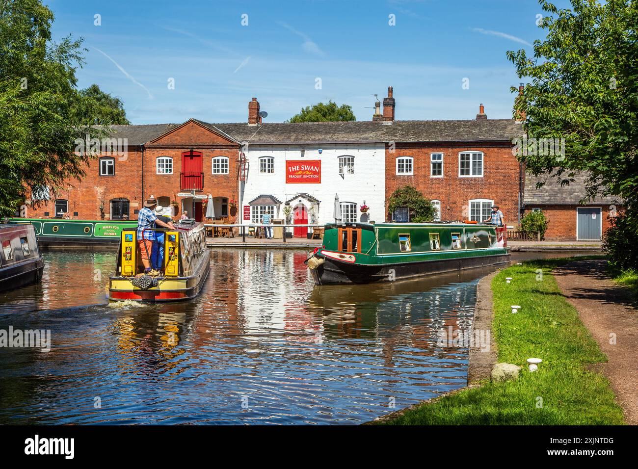 Canal narrowboats at Fradley Junction Staffordshire, the junction of ...