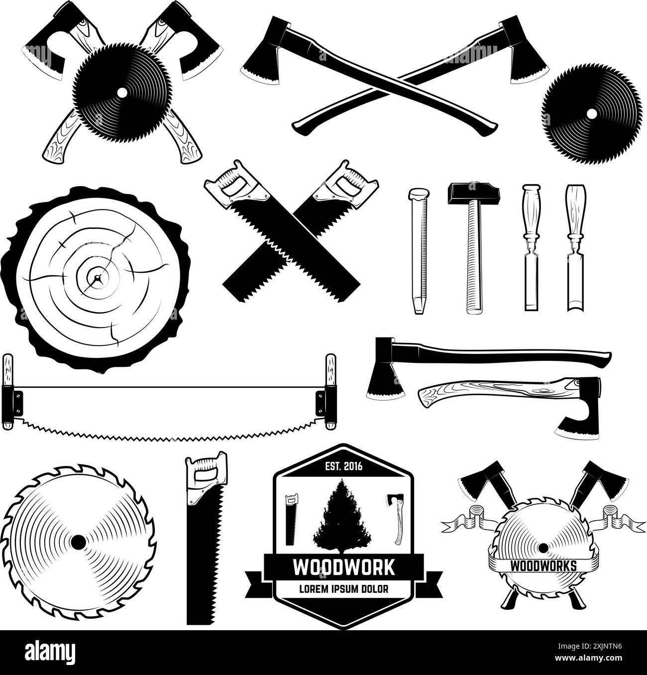 Set of woodworks, carpentry labels, emblems and design elements ...