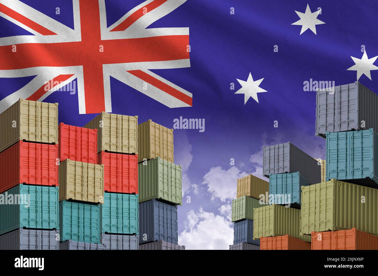 Australia flag and big stack of shipping cargo containers in docks with ...