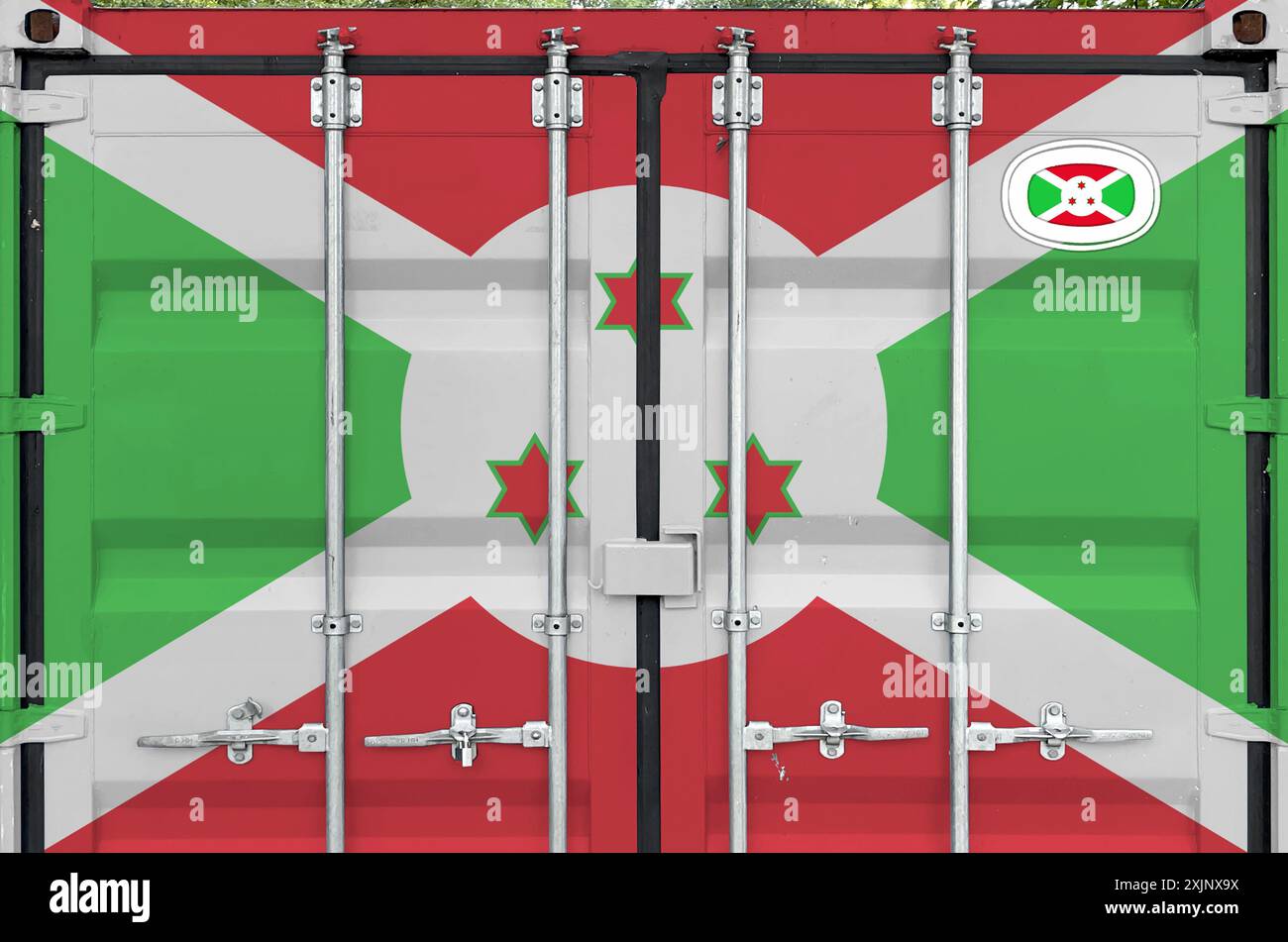 Burundi flag depicted on metal doors of shipping cargo container outdoors in docks area close up ...
