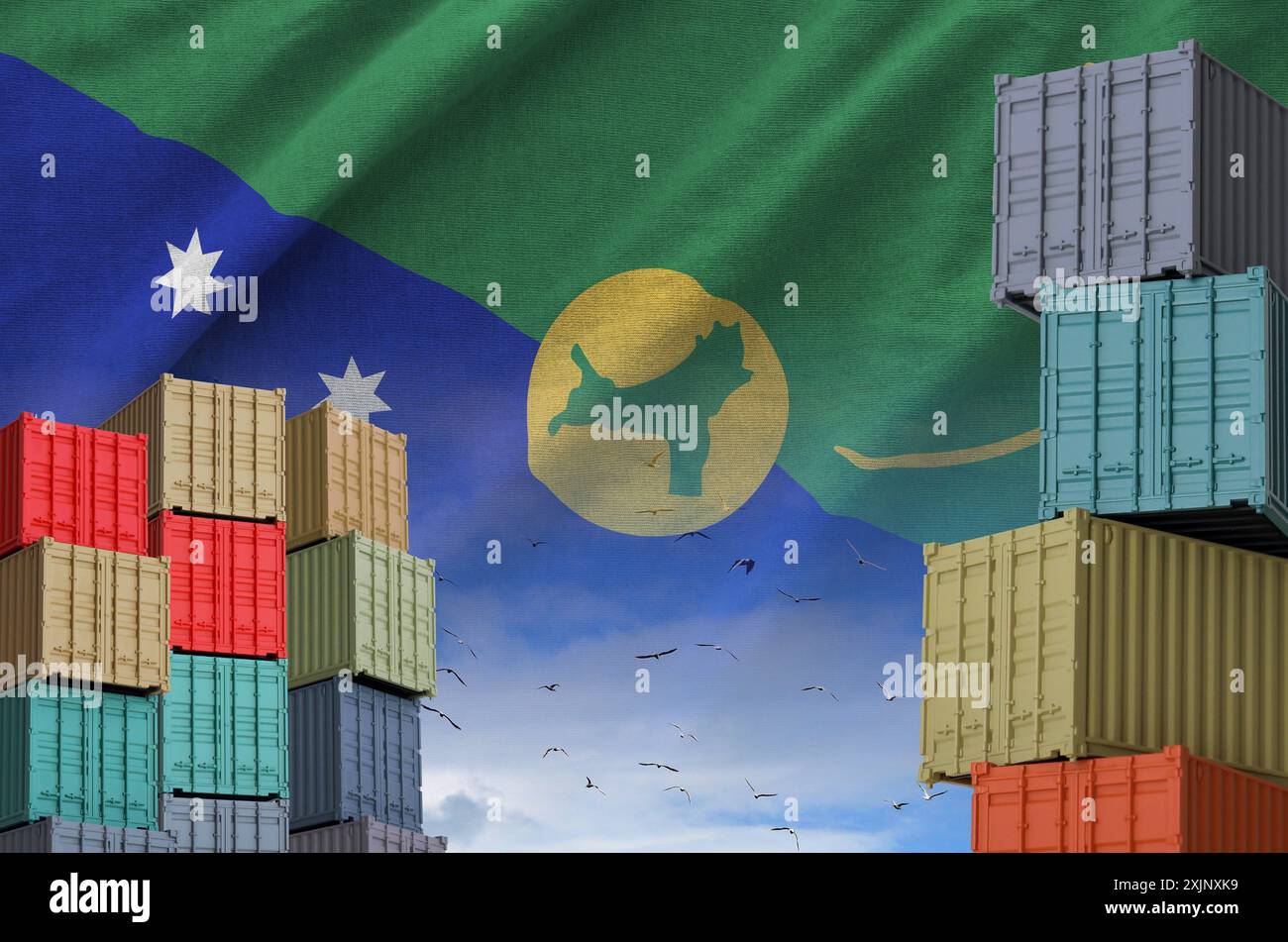 Christmas island flag and big stack of shipping cargo containers in ...