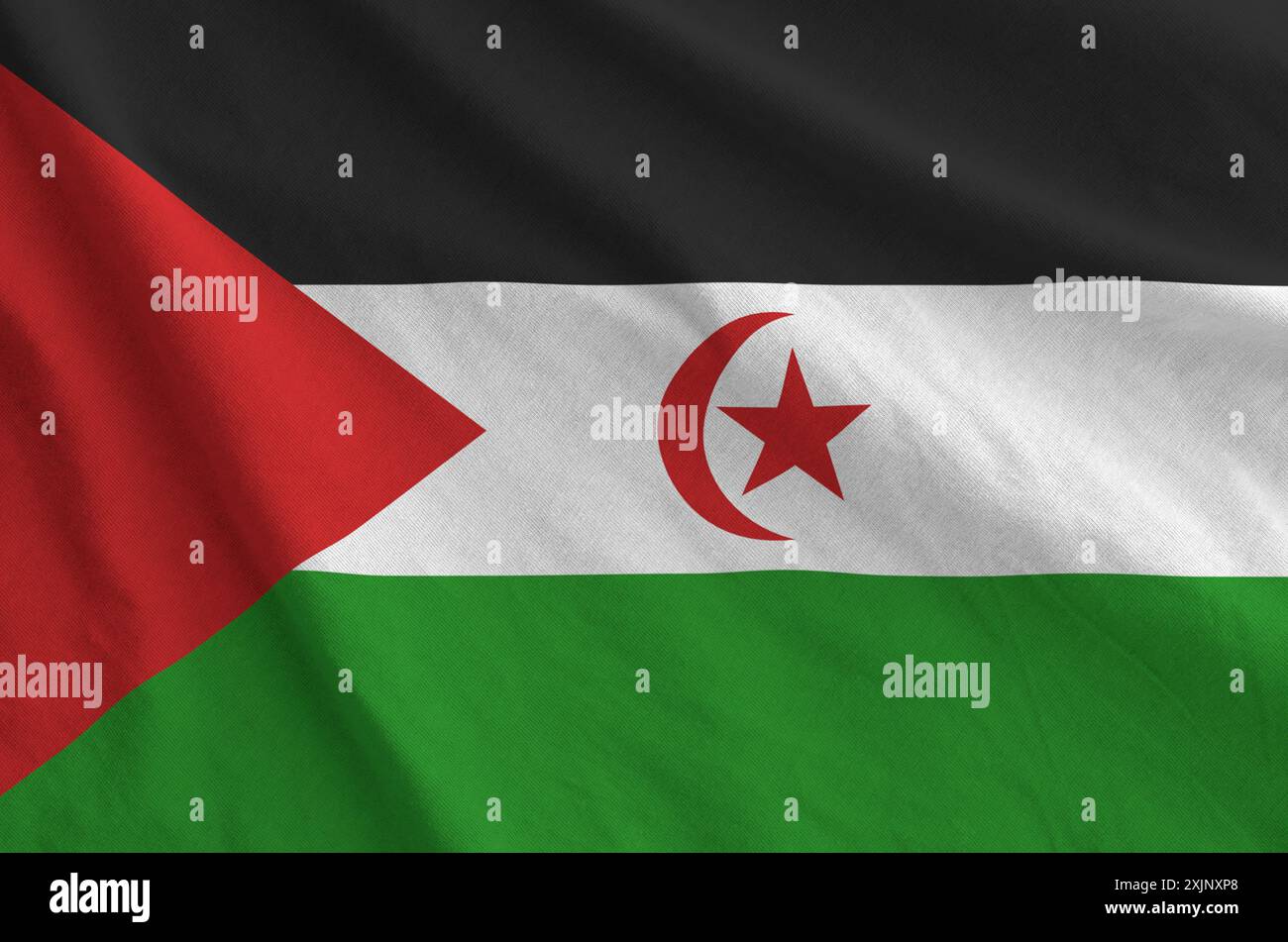 Western Sahara flag depicted on folded wavy fabric of old cloth close ...