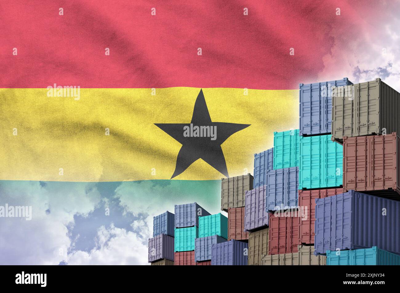 Ghana flag and big stack of shipping cargo containers in docks with sky ...