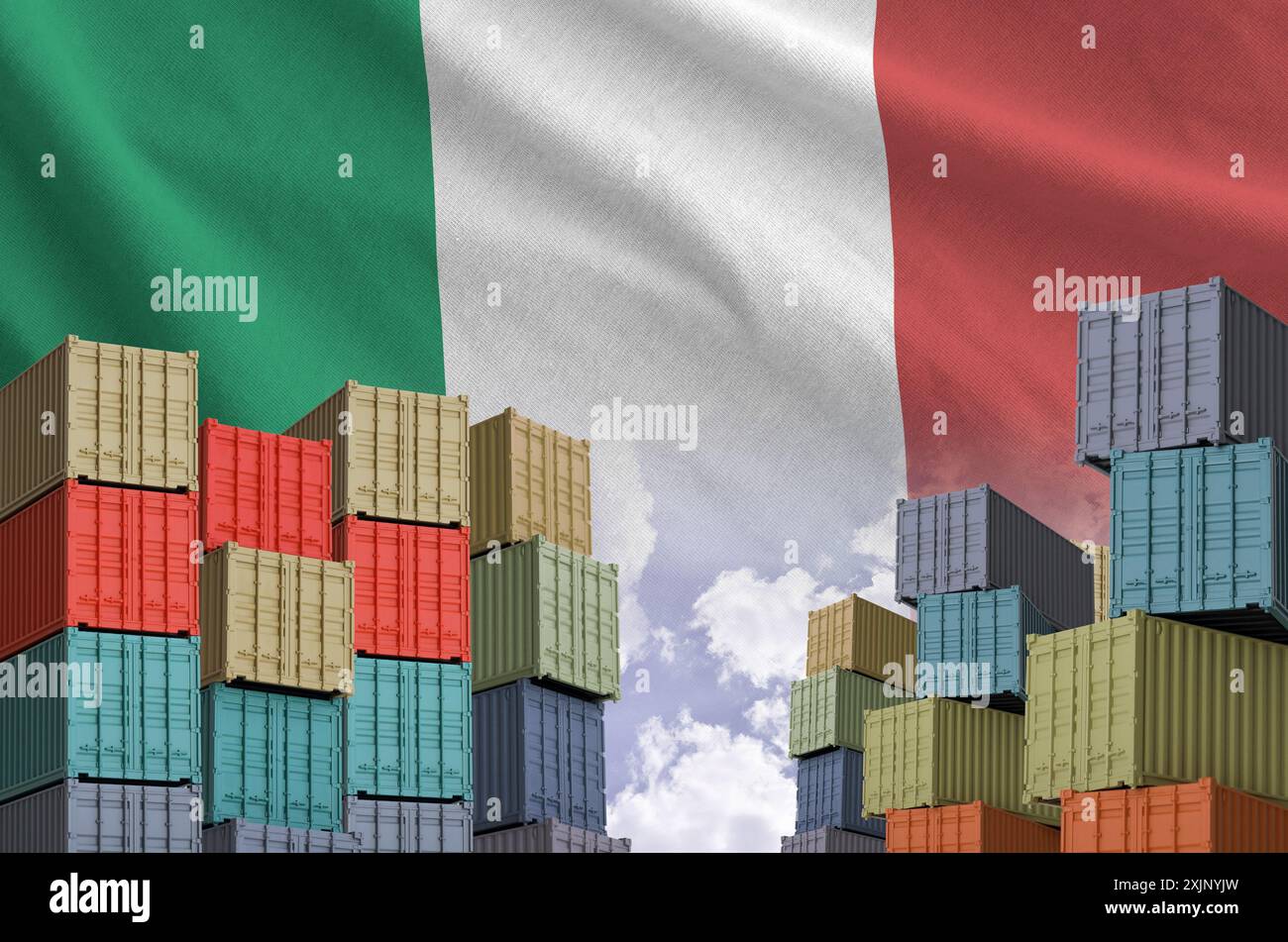 Italy flag and big stack of shipping cargo containers in docks with sky ...