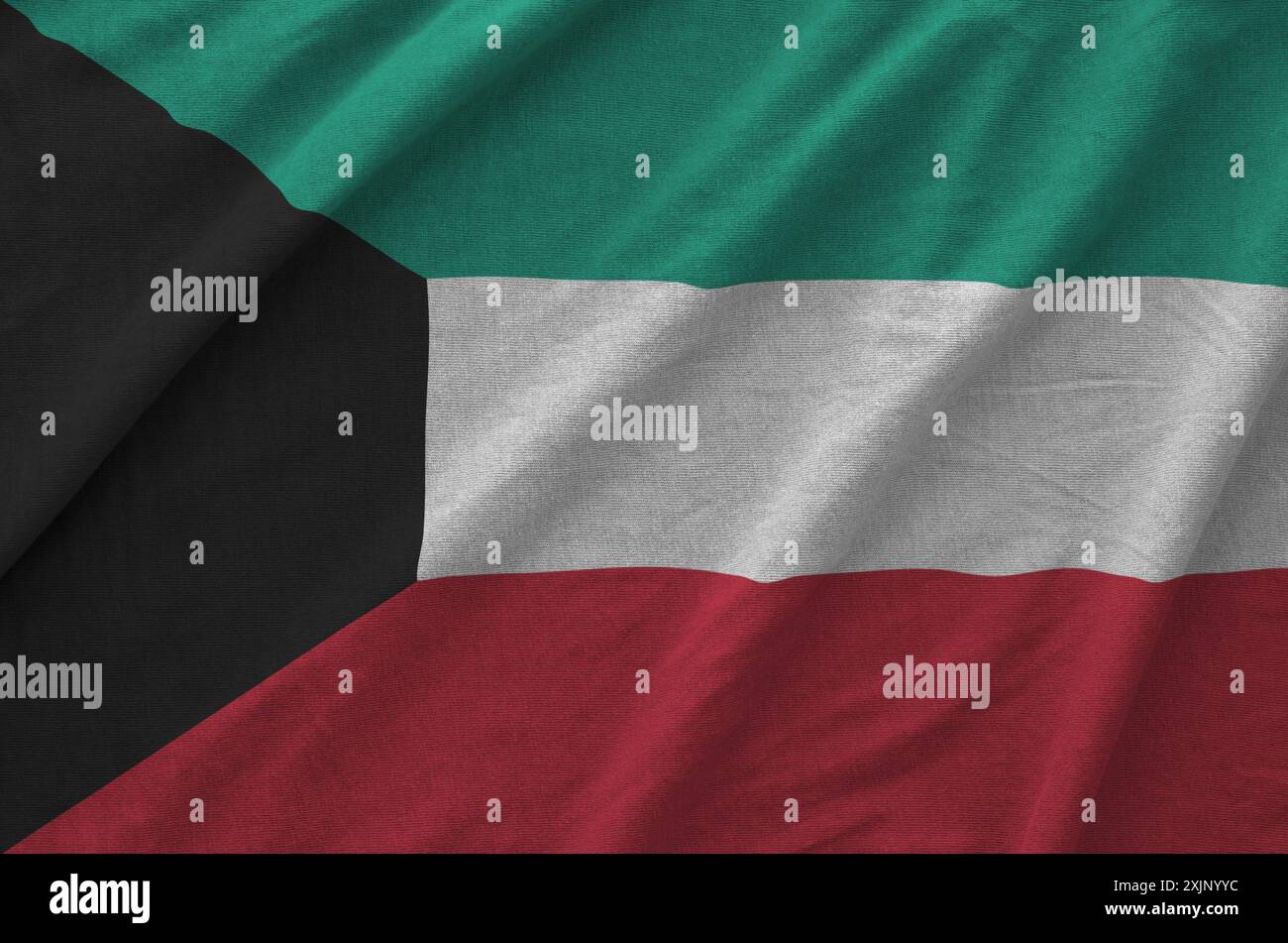 Kuwait flag depicted on folded wavy fabric of old cloth close up Stock ...
