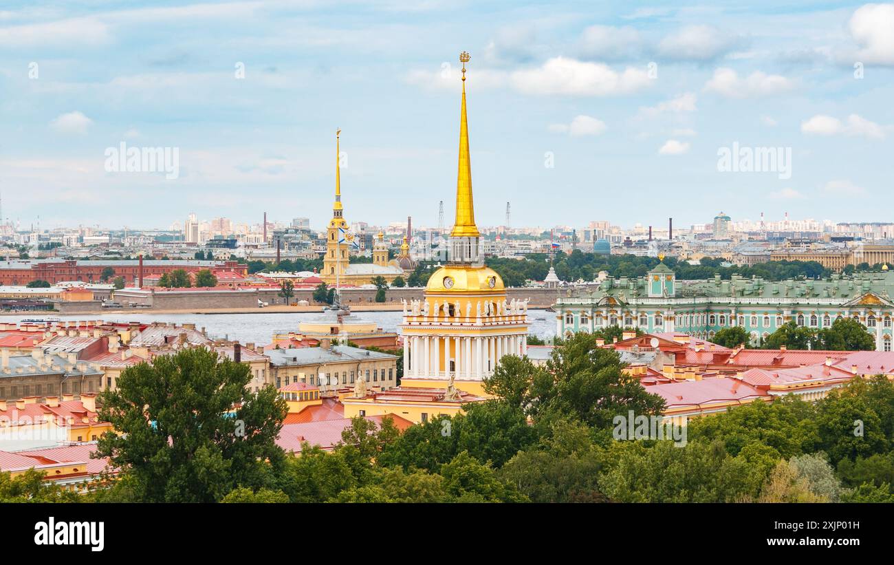 View from above of the main attractions and the historical part of the city and the Neva River ...
