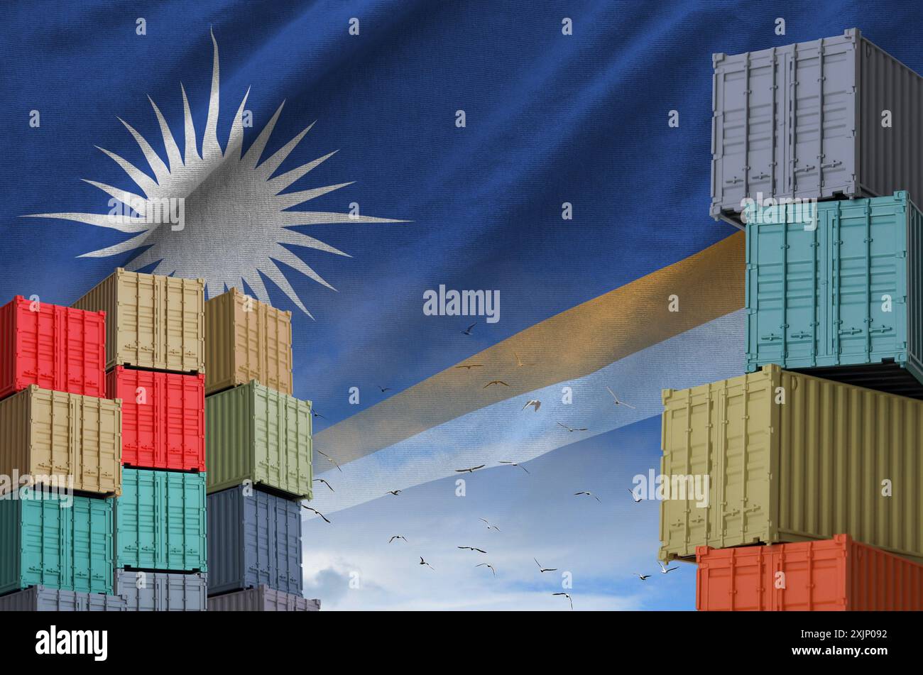 Marshall Islands flag and big stack of shipping cargo containers in ...