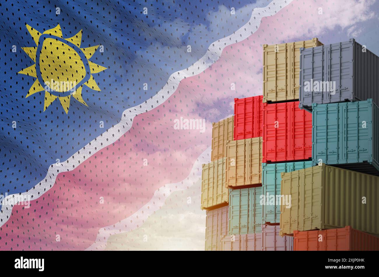 Namibia flag and big stack of shipping cargo containers in docks with ...