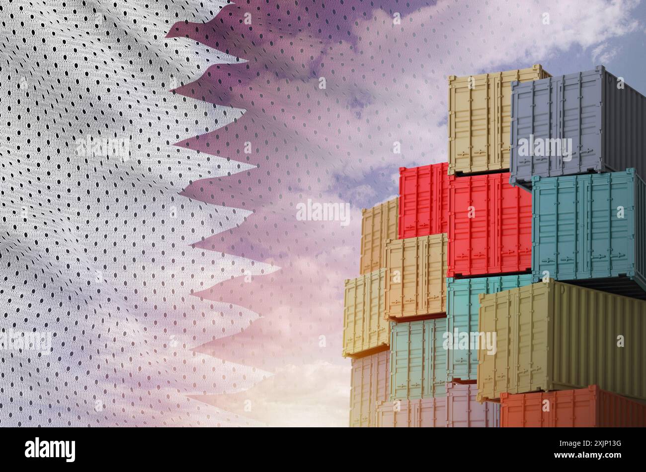 Qatar flag and big stack of shipping cargo containers in docks with sky ...