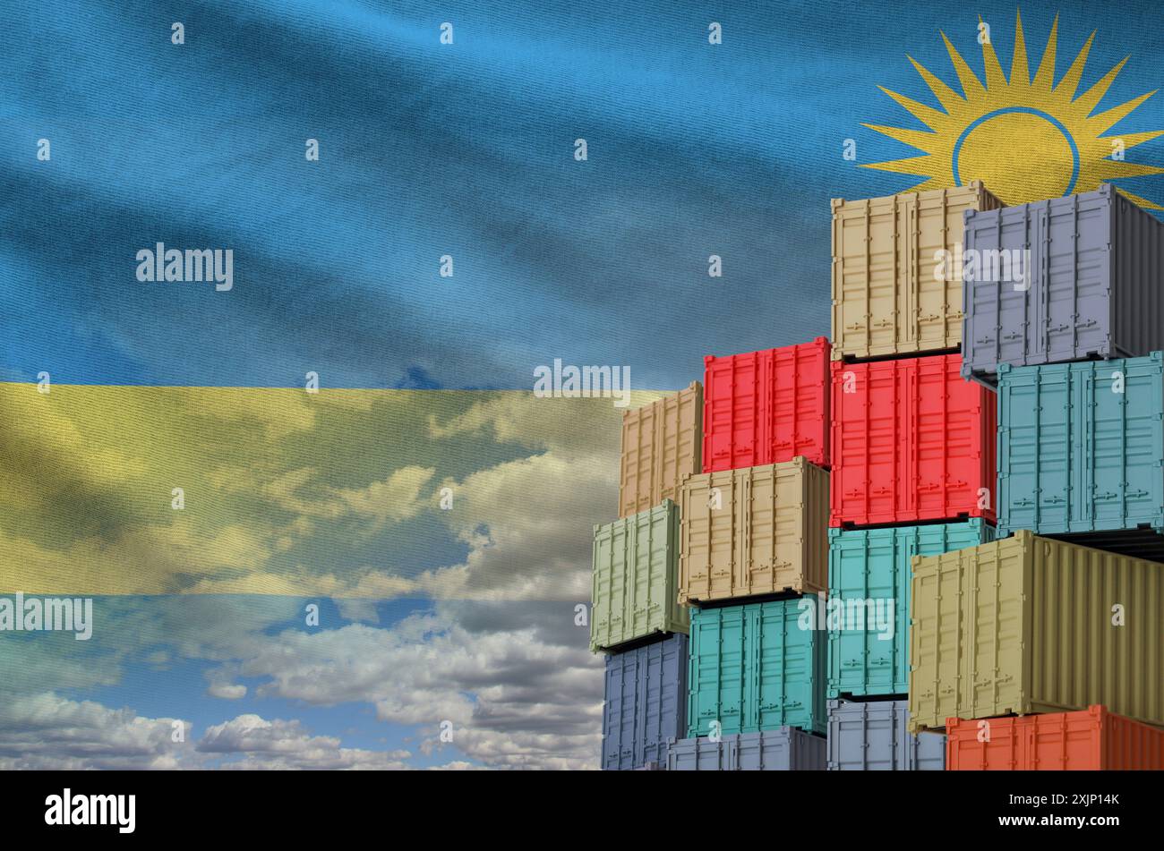 Rwanda flag and big stack of shipping cargo containers in docks with ...