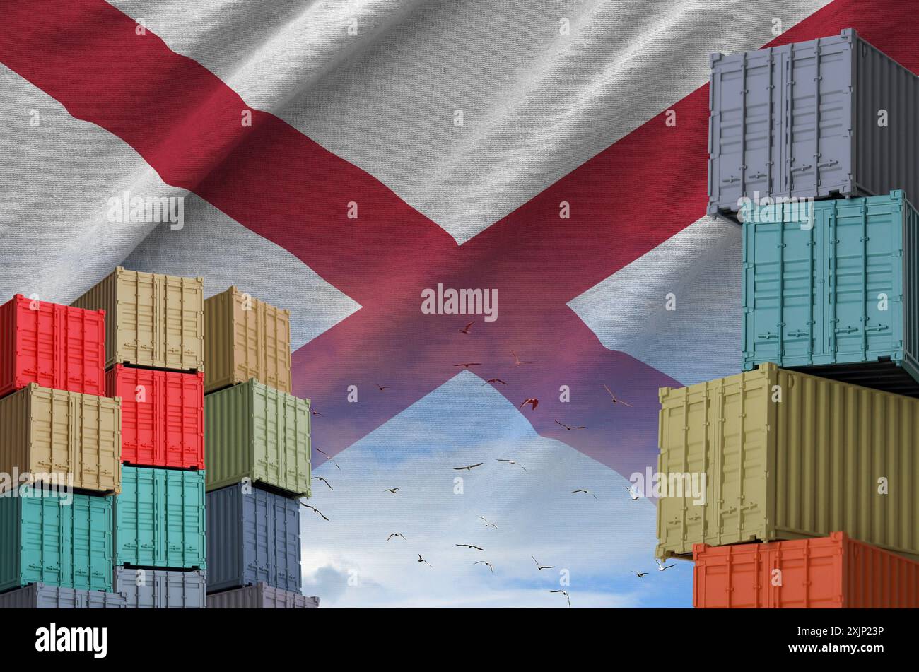 Alabama US state flag and big stack of shipping cargo containers in ...