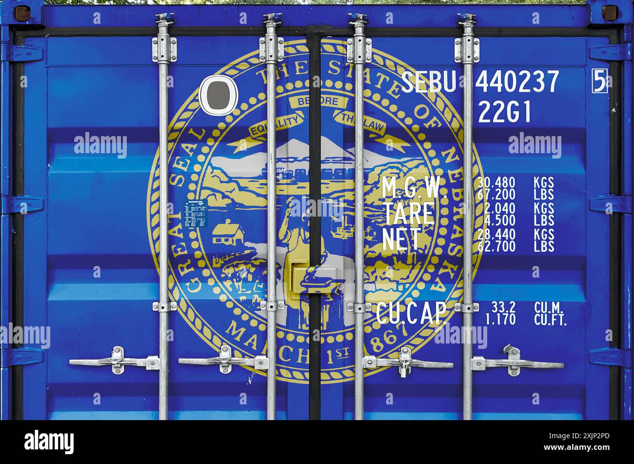 Nebraska US state flag depicted on metal doors of shipping cargo ...