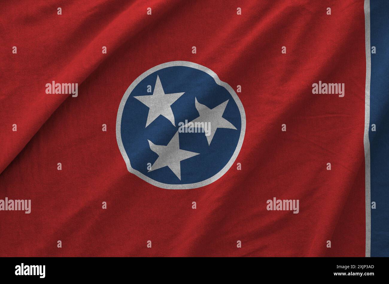 Tennessee US state flag depicted on folded wavy fabric of old cloth ...
