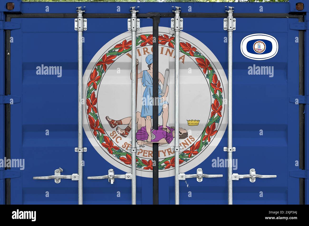 Virginia US state flag depicted on metal doors of shipping cargo ...